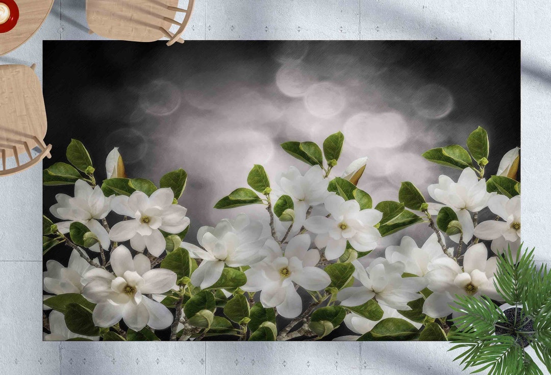 White Flower Rug, White Magnolia Flower Rug, Floral Rug, Cute Rug ...