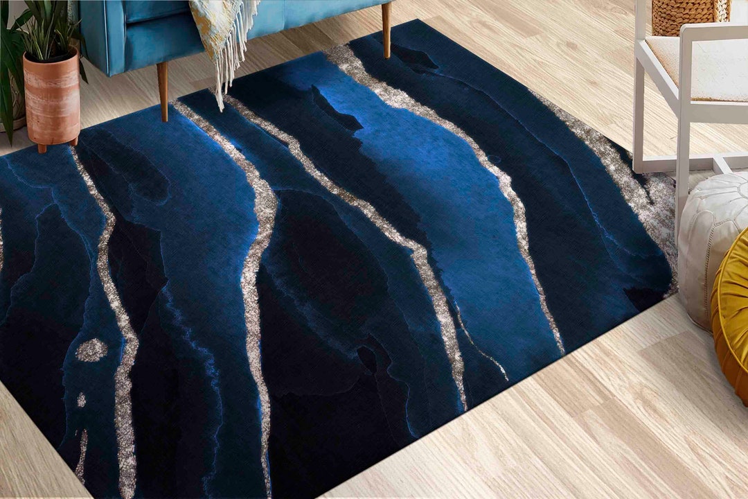 Navy Blue Marble Rug, Luxury Marble Rug, Blue Rug, Modern Rugs, Indoor ...