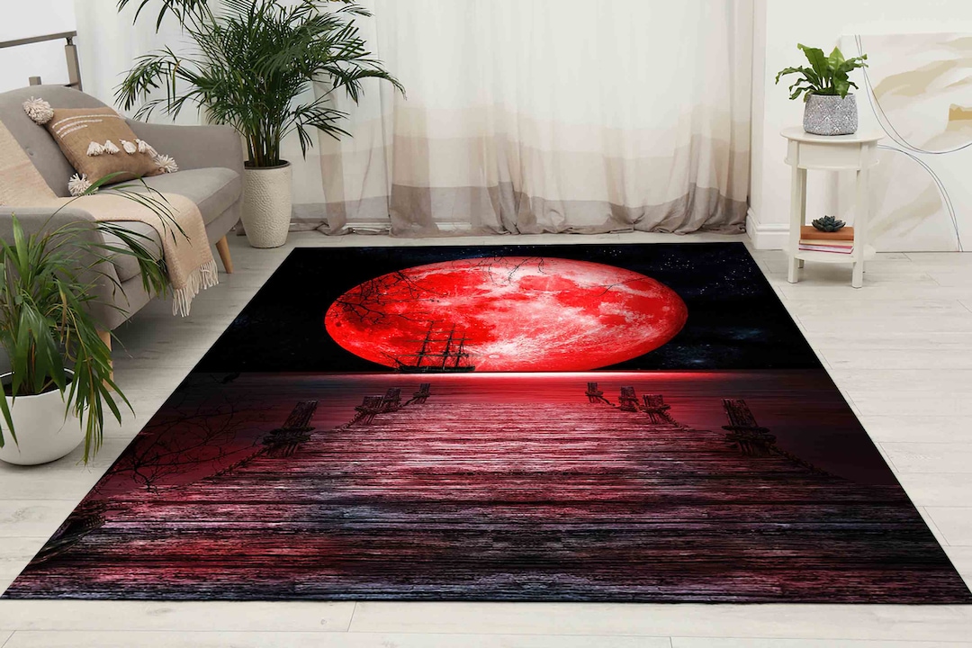 Sea Landscape Rug, Huge Red Moon Rugs, Moon Landscape Rug, Full Moon ...