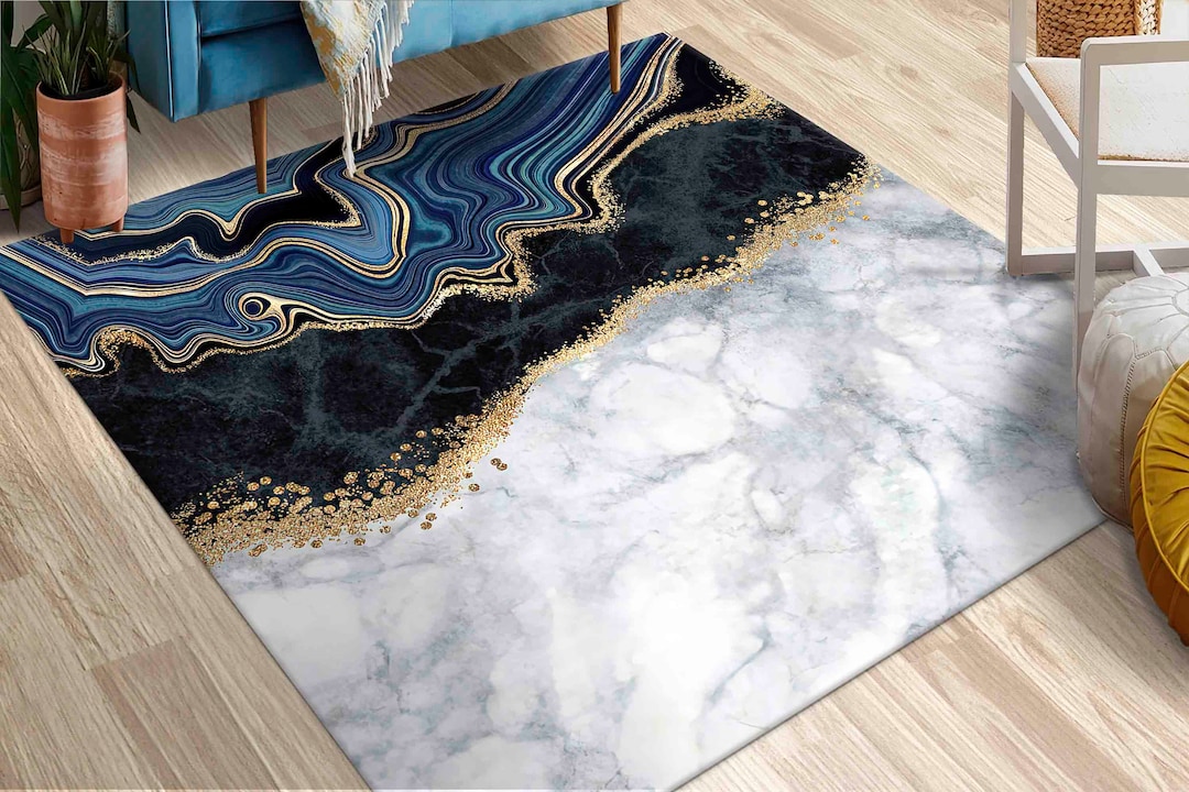 Thick Rug, 3D Printeds Rug, Office Rug, Gift Rug, Blue and Black Marble ...