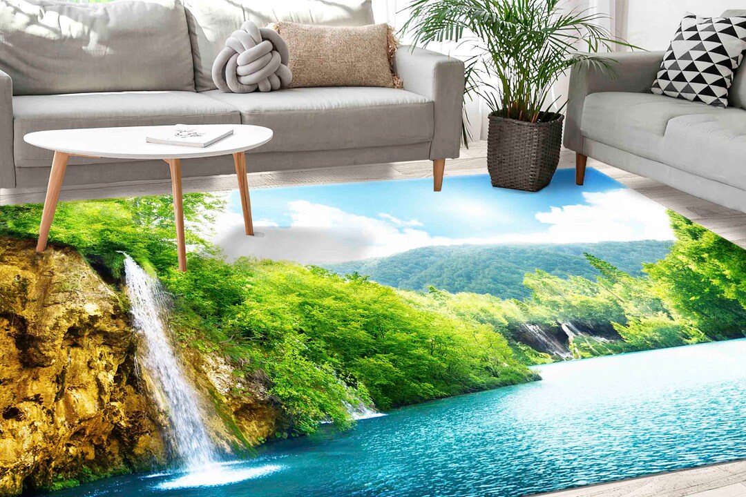 Waterfall in Deep Forest Rugs, Home Decor Rug, Forest View Rug, Easy to ...