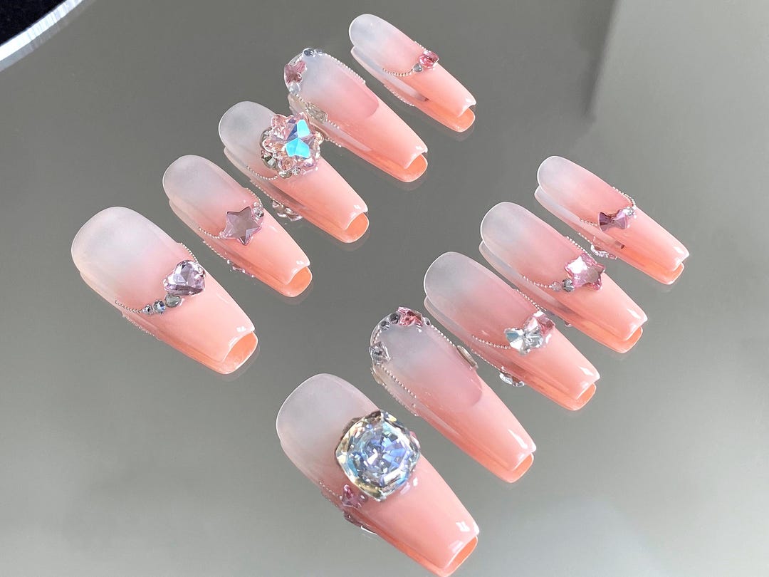 Personalized Pink French Styleshiny Diamond Gemsy2k Nailspremium Custom Nailselegant Nailsred ...