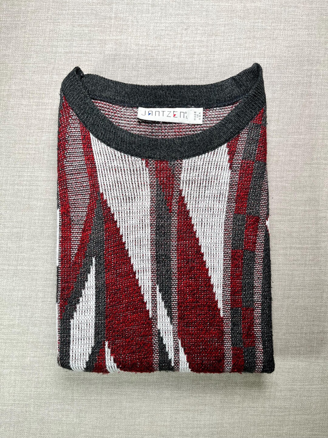 Jantzen Grey Red White Jumper Crew Neck Knitted Sweater Men’s L [353e ...