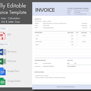 Editable Invoice Template | Auto-calculation | PDF, MS Word, MS Excel, Google Docs, Google ...