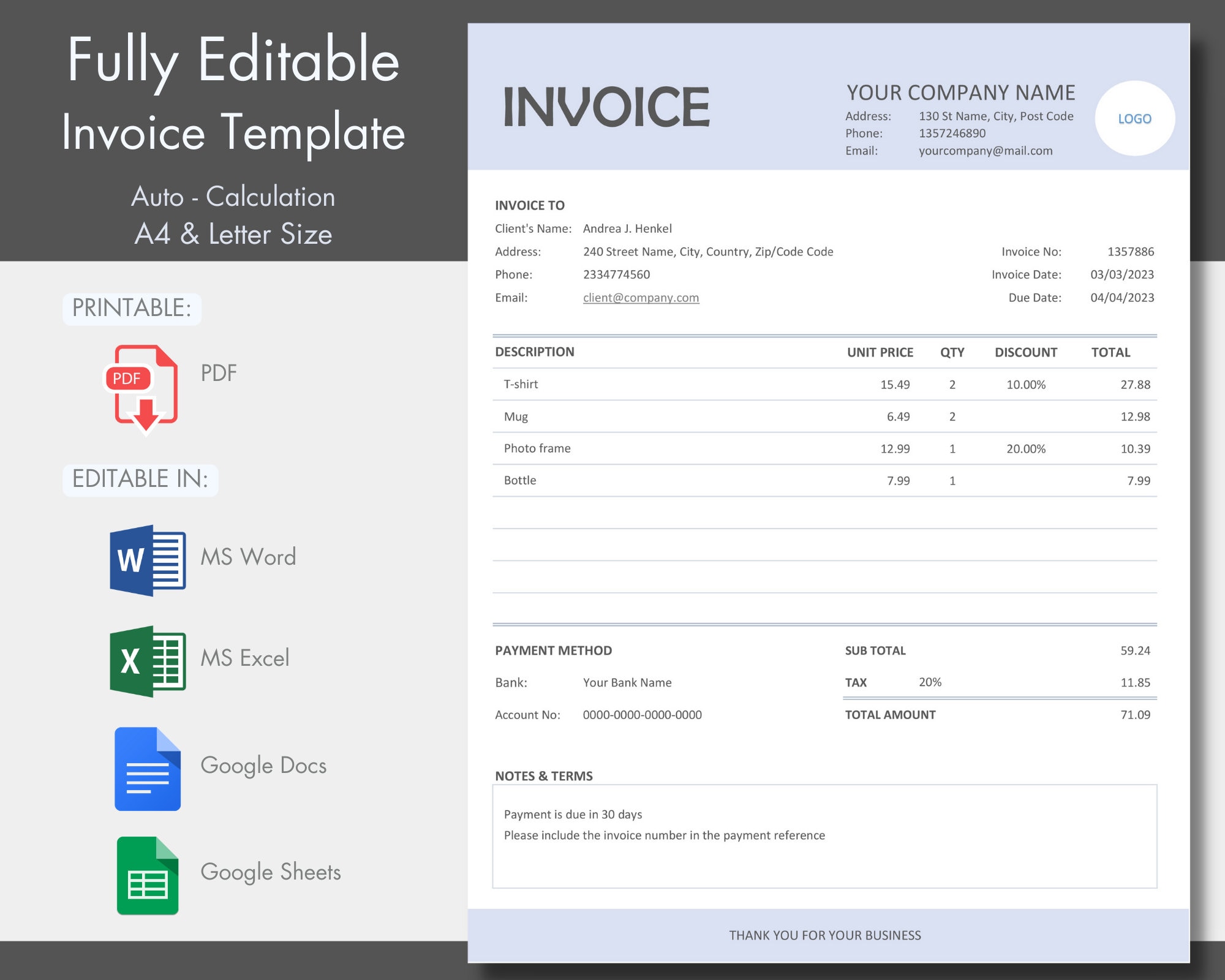 Editable Invoice Template | Auto-calculation | PDF, MS Word, MS Excel, Google Docs, Google ...