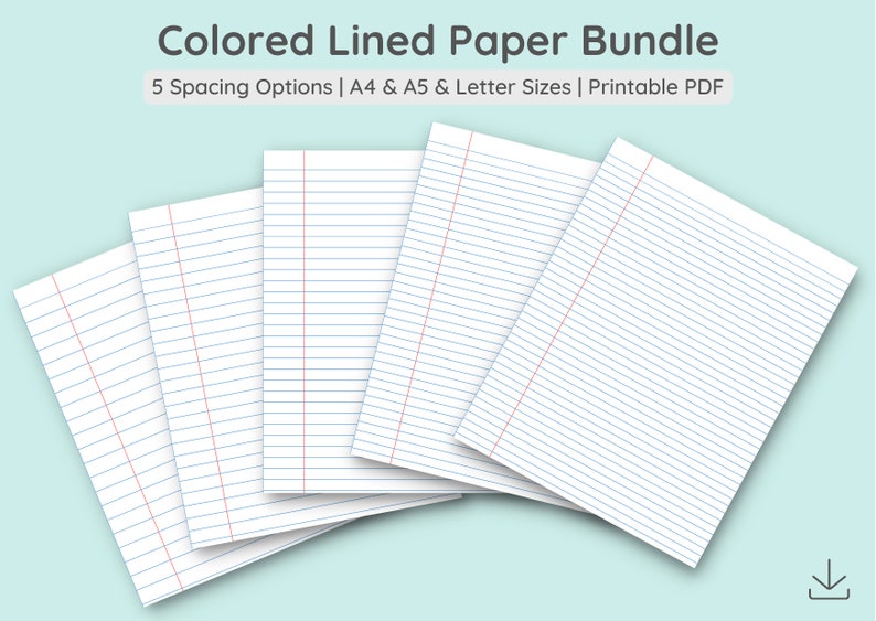 Set of 5 Colored Printable Lined Paper With Vertical Line | 15 ...