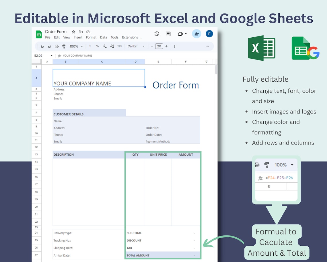 Editable Purchase Order Template | Auto-calculation | PDF, MS Word, MS ...