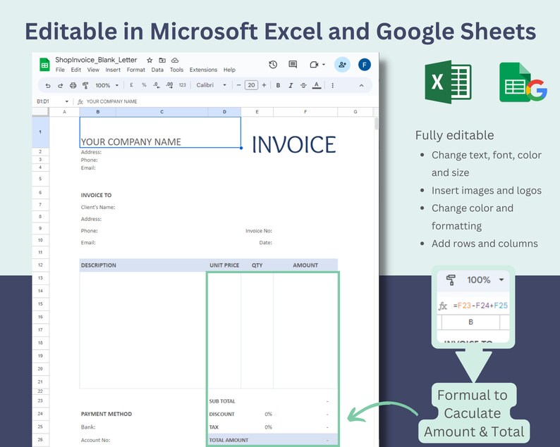 Editable Invoice Template Auto-calculation PDF, MS Word, MS Excel, Google Docs, Google Sheets A4 ...
