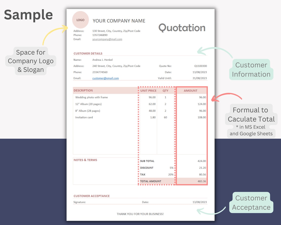 Editable Quotation Template | Auto-calculation | PDF, MS Word, MS Excel, Google Docs, Google ...
