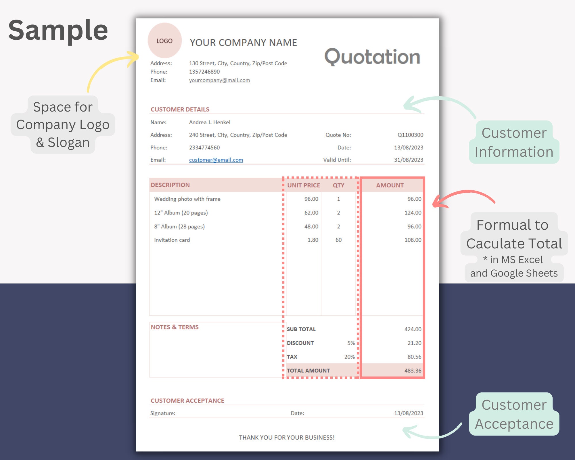 Editable Quotation Template | Auto-calculation | PDF, MS Word, MS Excel ...