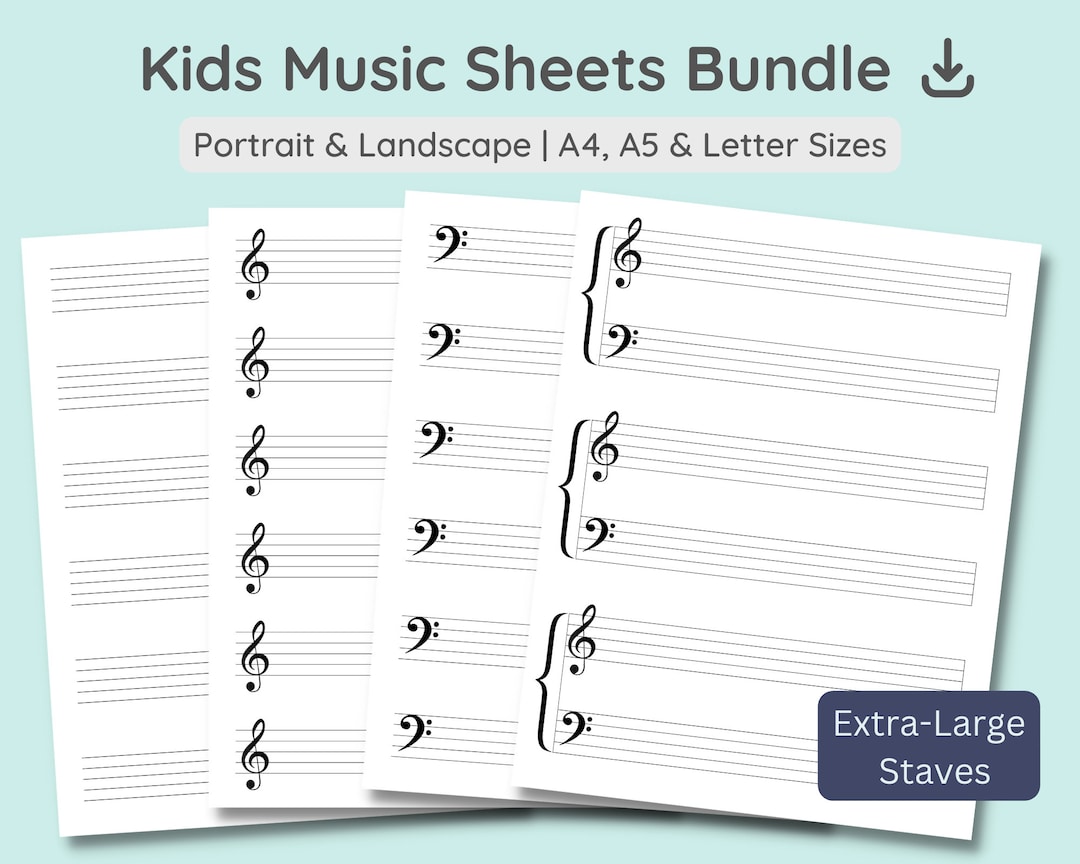 Kids Sheet Music Bundle | Extra-wide Staff Music Sheets | Digital ...