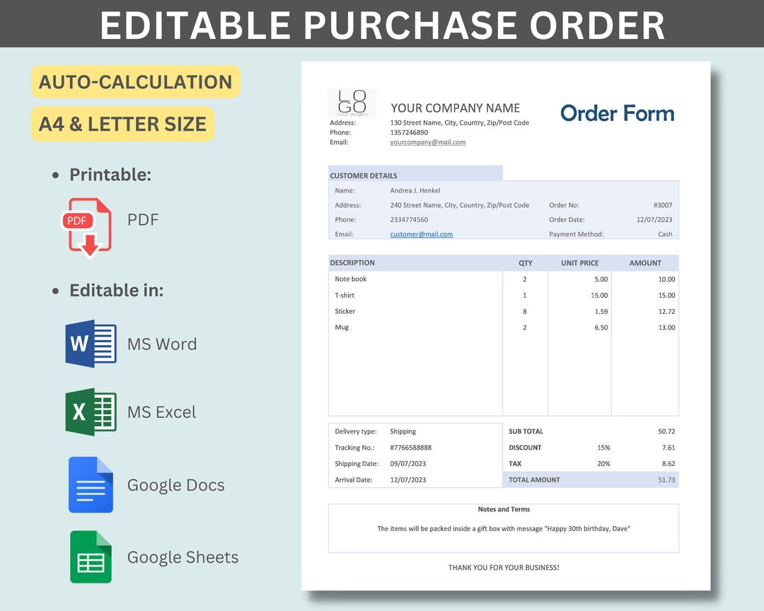 Editable Purchase Order Template | Auto-calculation | PDF, MS Word, MS ...