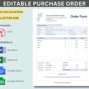 Editable Purchase Order Template | Auto-calculation | PDF, MS Word, MS Excel, Google Docs ...