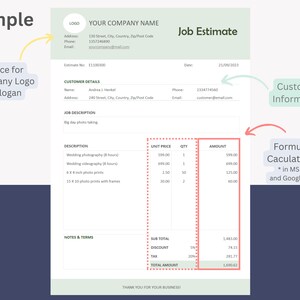 Editable Job Estimate Template Auto-calculation PDF MS - Etsy UK