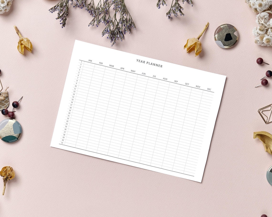 Year Planner on One Page | Printable Wall Yearly Calendar ...
