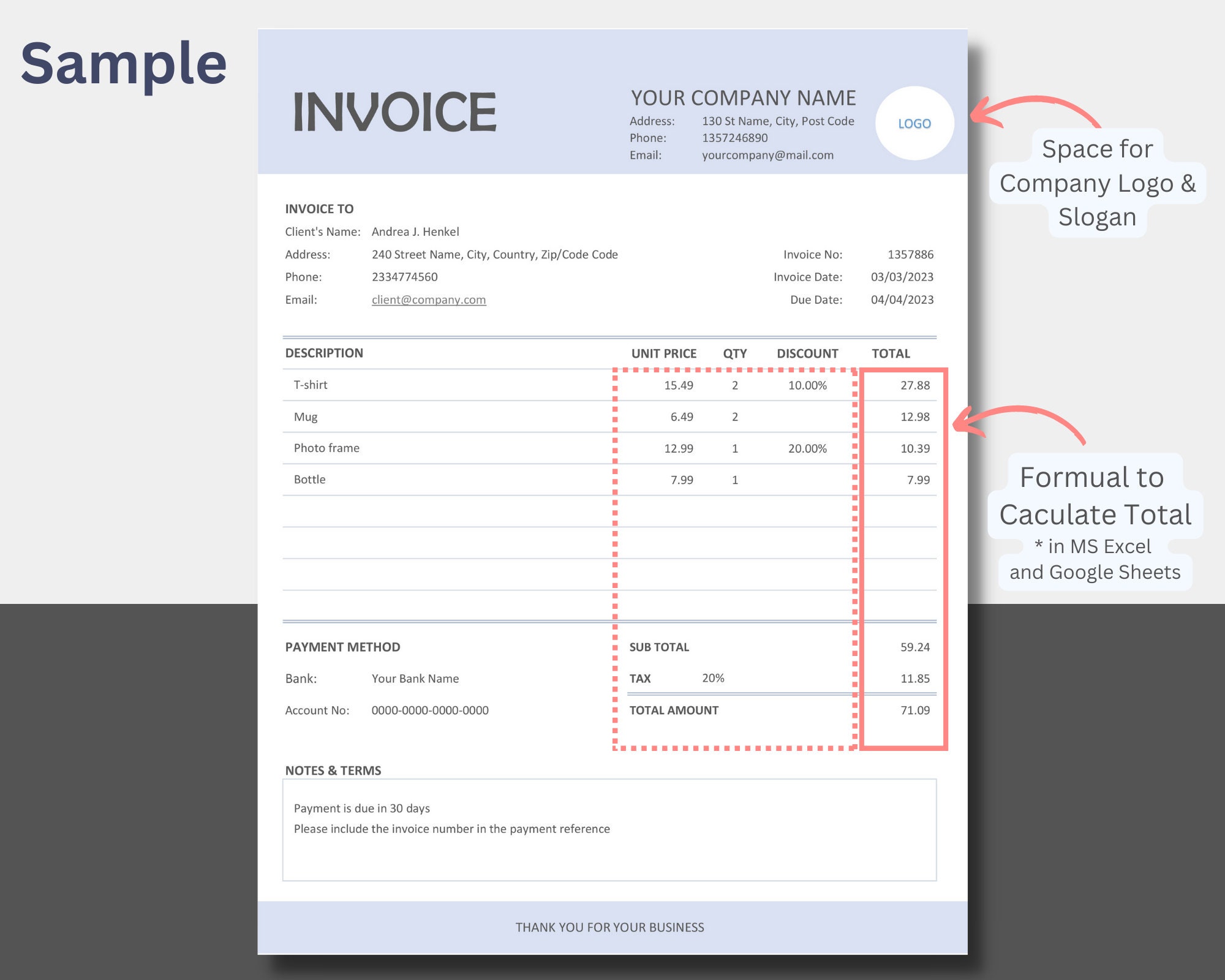 Editable Invoice Template | Auto-calculation | PDF, MS Word, MS Excel, Google Docs, Google ...