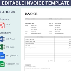 Editable Auto-calculate Invoice Template Printable PDF MS Word, MS Excel, Google Docs, Google ...