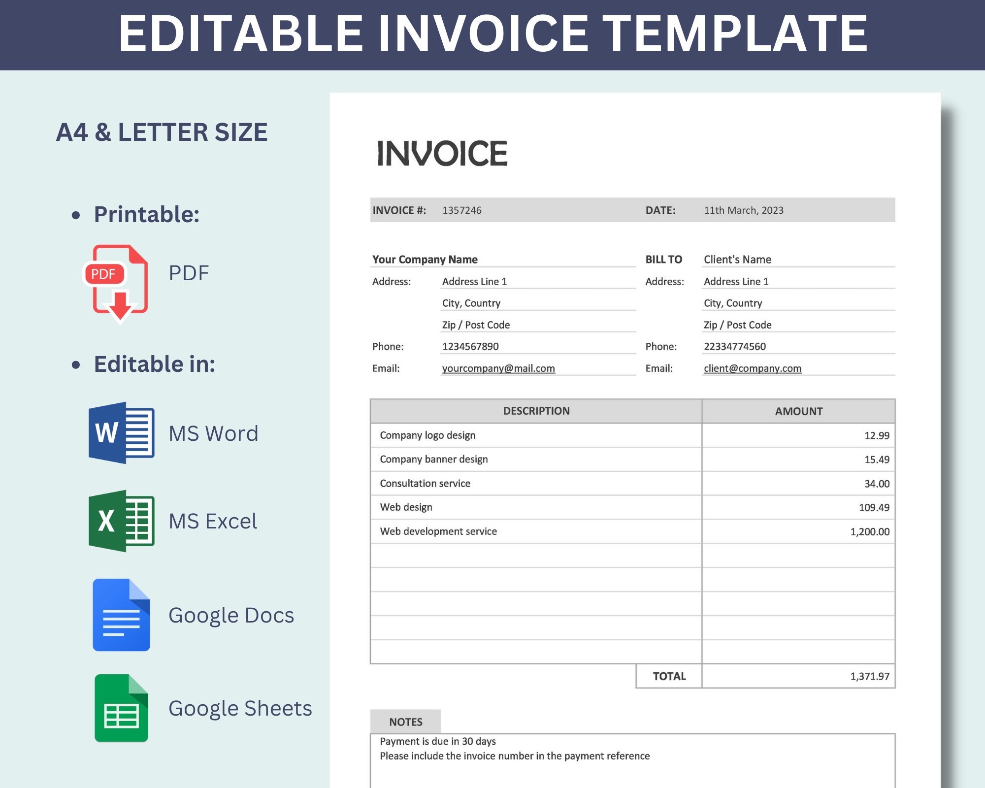 Editable Auto-calculate Invoice Template Printable PDF MS Word, MS ...