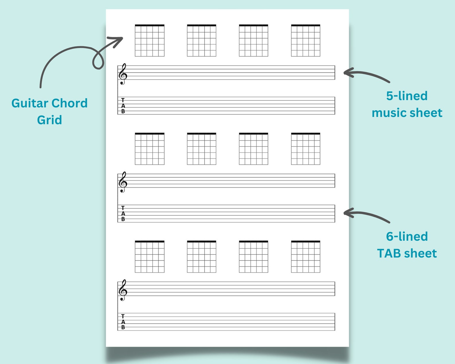 Set of 6 Printable Guitar Music Sheet Bundle | 18 Templates | Guitar ...