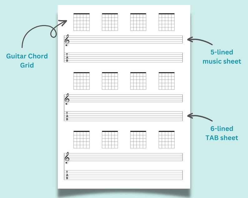 Set of 6 Printable Guitar Music Sheet Bundle | 18 Templates | Guitar ...