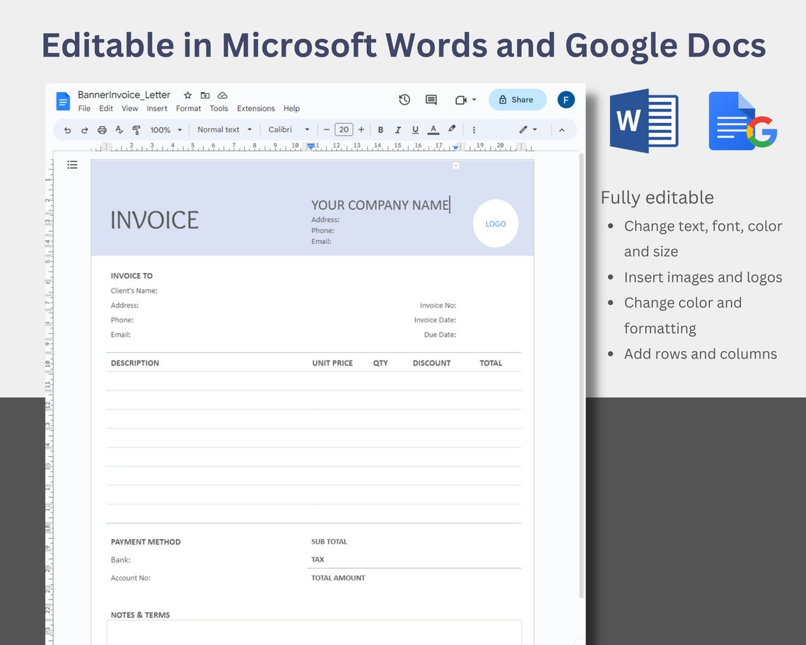 Editable Invoice Template | Auto-calculation | PDF, MS Word, MS Excel, Google Docs, Google ...