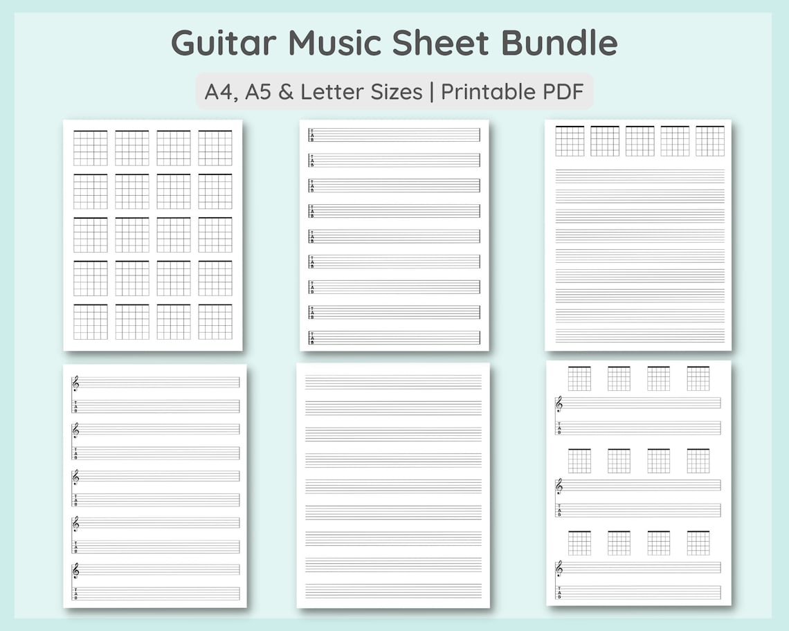 Set of 6 Printable Guitar Music Sheet Bundle 18 Templates Guitar Chord ...