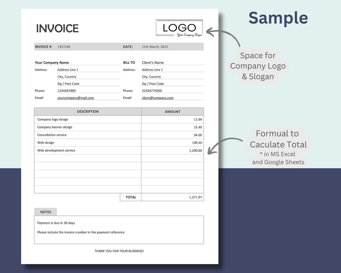 Editable Auto-calculate Invoice Template Printable PDF MS Word, MS Excel, Google Docs, Google ...