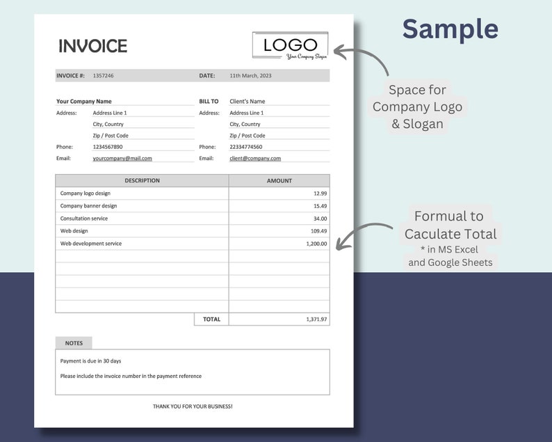 Editable Auto-calculate Invoice Template Printable PDF MS Word, MS ...