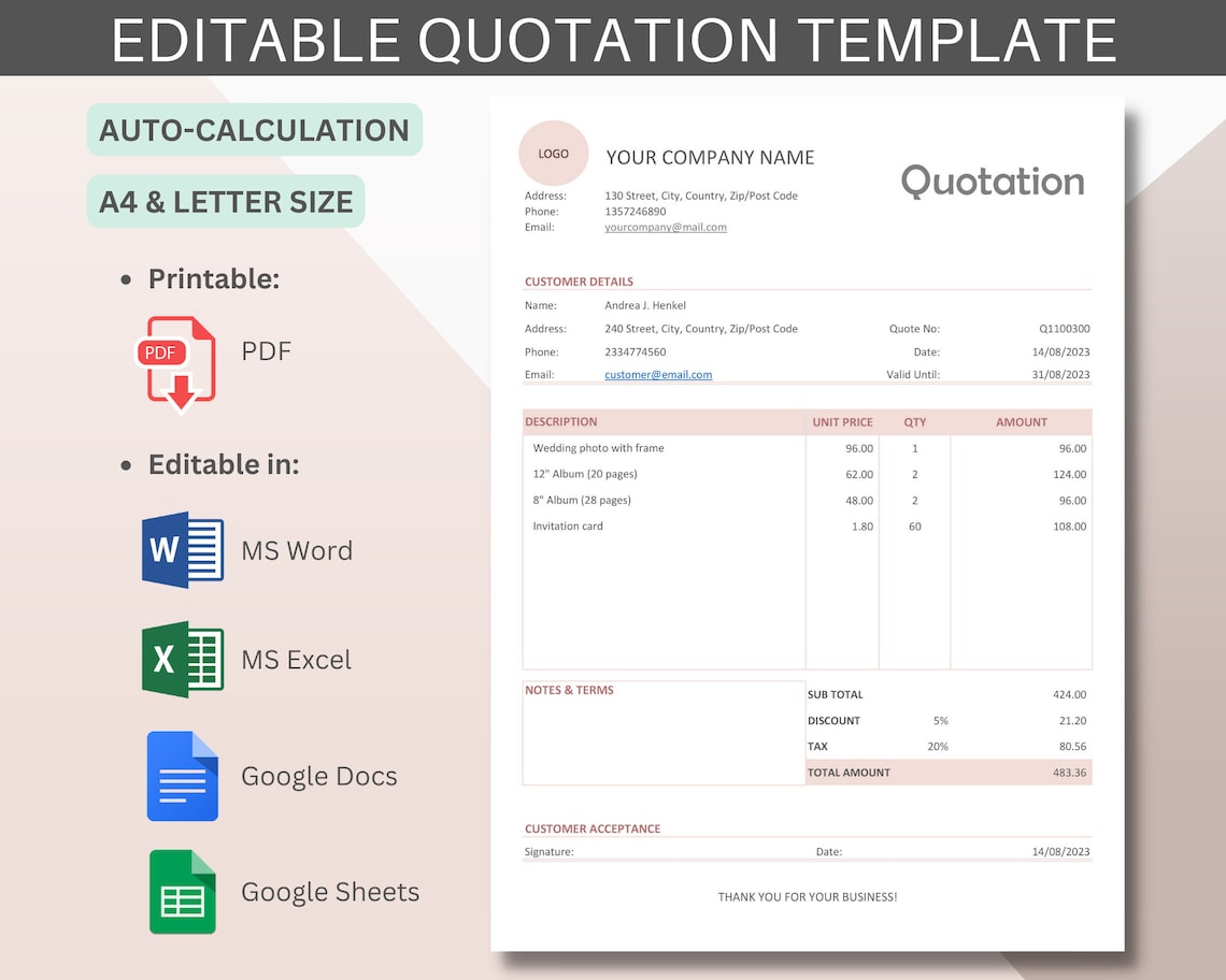 Editable Quotation Template | Auto-calculation | PDF, MS Word, MS Excel, Google Docs, Google ...
