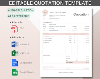 Quotation Template Editable Quote Form Price Quote for Small Business MS Excel Google Sheets Job ...
