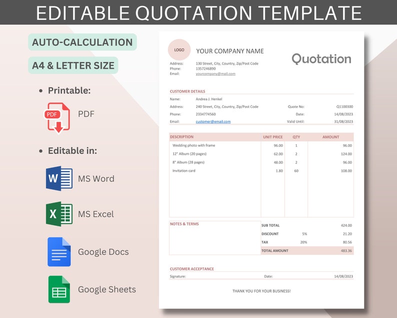 Editable Quotation Template | Auto-calculation | PDF, MS Word, MS Excel, Google Docs, Google ...