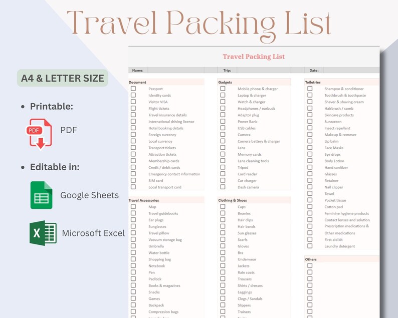 Editable Travel Packing List | Travel To-do Planner | Luggage Checklist ...