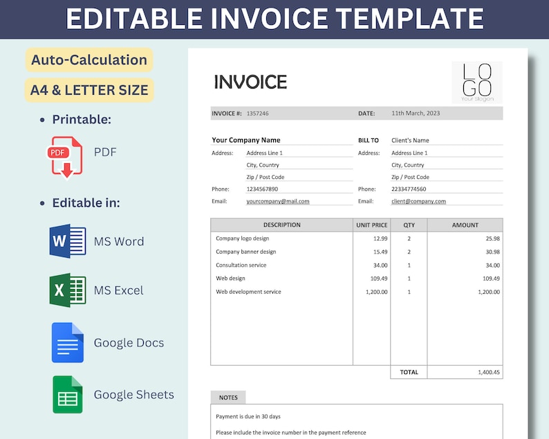 Editable Invoice Template Auto-calculation PDF, MS Word, MS Excel, Google Docs, Google Sheets A4 ...