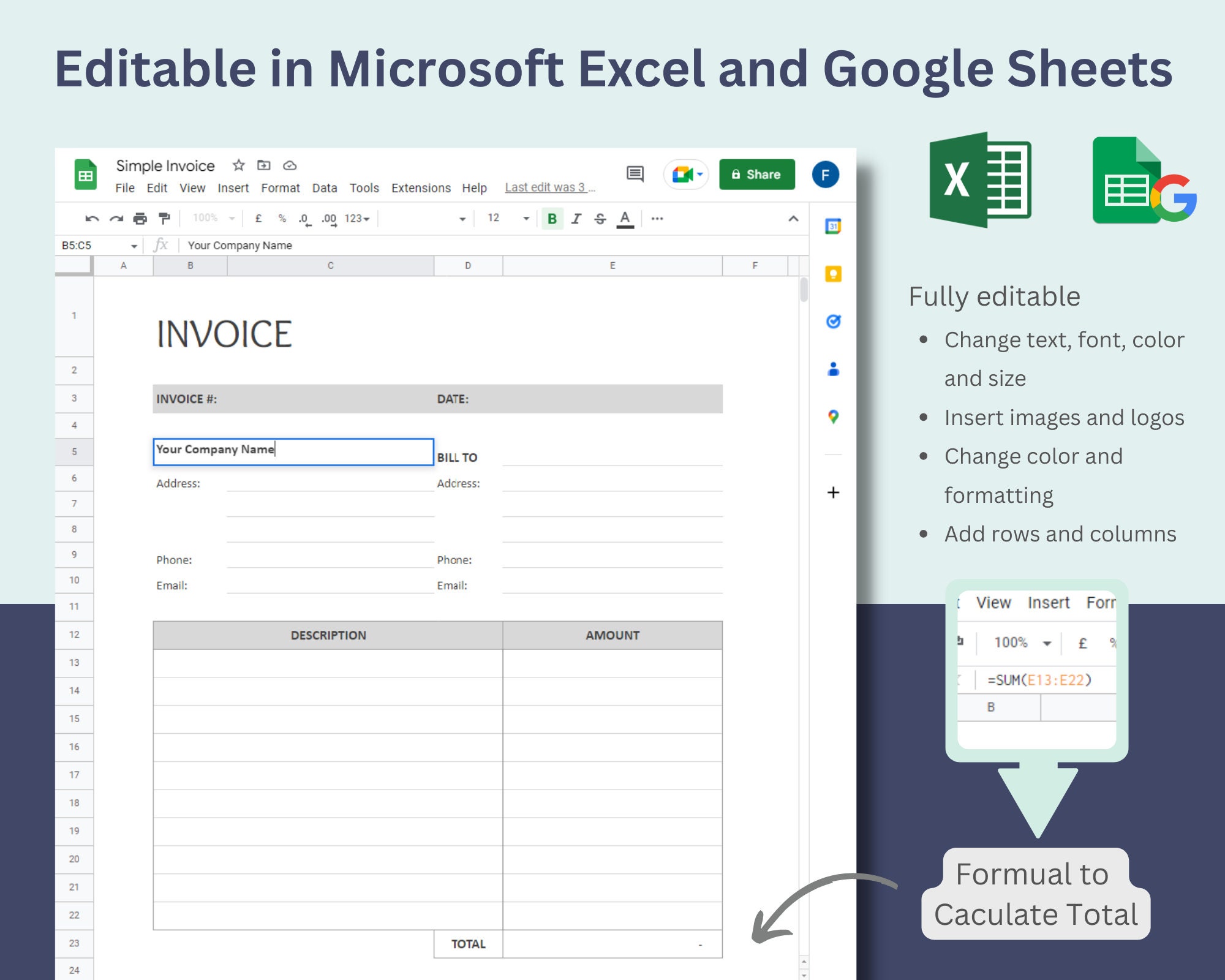 Editable Auto-calculate Invoice Template Printable PDF MS Word, MS ...
