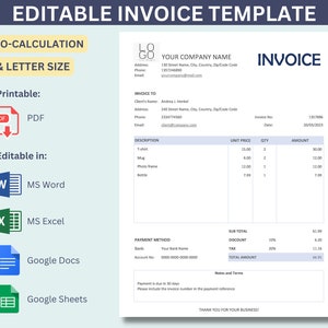 Editable Invoice Template Auto-calculation PDF, MS Word, MS Excel, Google Docs, Google Sheets A4 ...