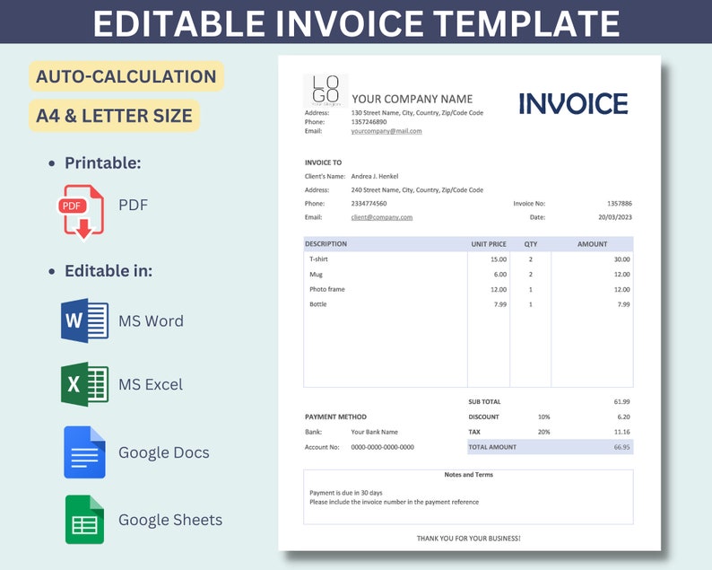 Editable Invoice Template Auto-calculation PDF, MS Word, MS Excel ...