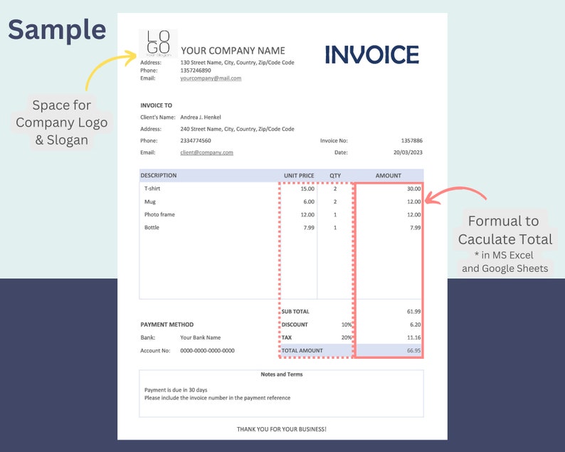 Editable Invoice Template | Auto-calculation | PDF, MS Word, MS Excel ...