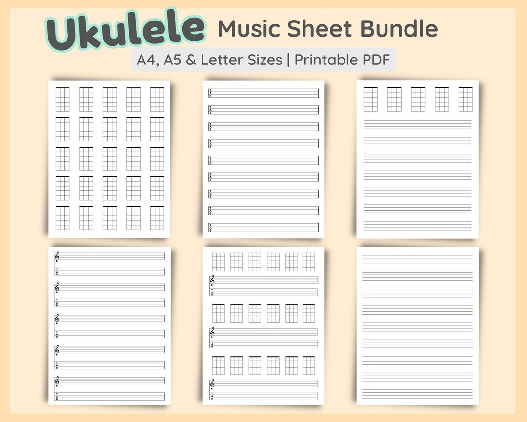 Set of 6 Printable Ukulele Music Sheet Bundle | 18 Templates | Ukulele ...
