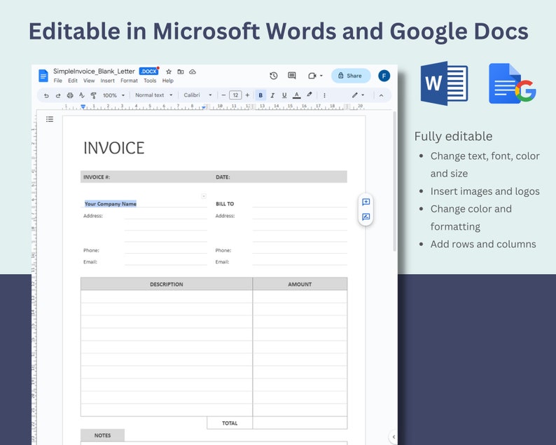 Editable Auto-calculate Invoice Template Printable PDF MS Word, MS Excel, Google Docs, Google ...