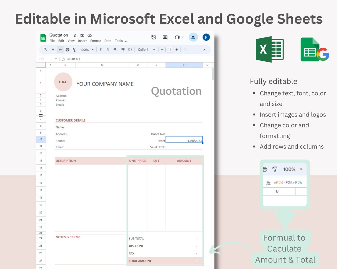 Editable Quotation Template | Auto-calculation | PDF, MS Word, MS Excel, Google Docs, Google ...