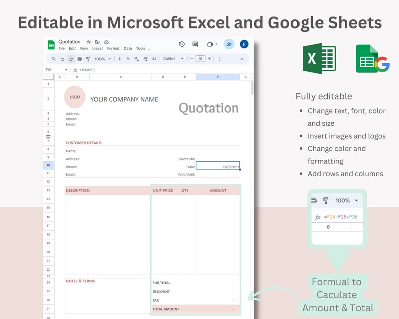 Editable Quotation Template | Auto-calculation | PDF, MS Word, MS Excel, Google Docs, Google ...
