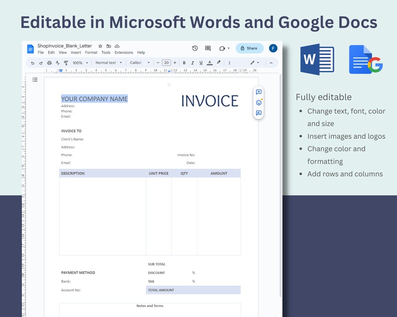 Editable Invoice Template Auto-calculation PDF, MS Word, MS Excel, Google Docs, Google Sheets A4 ...