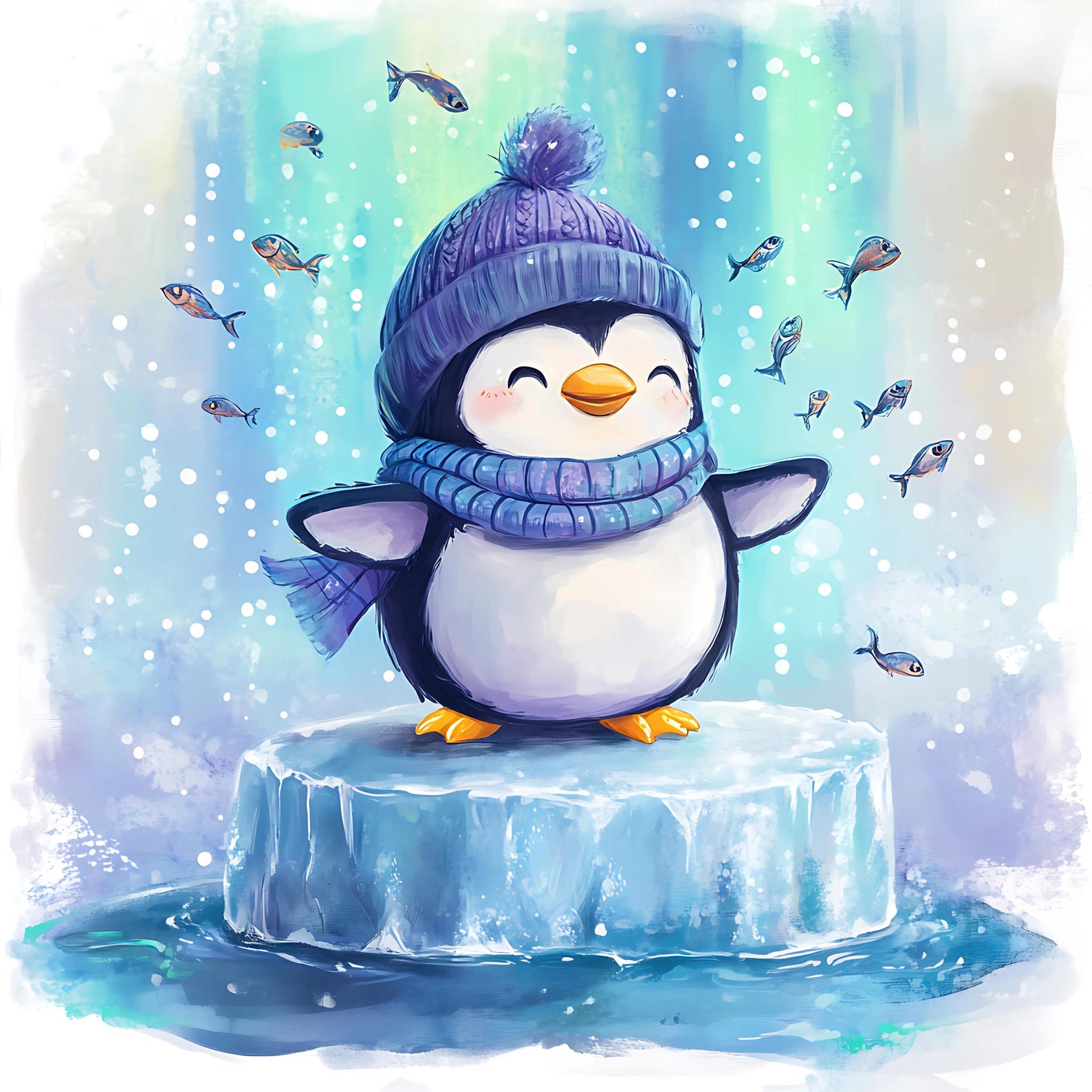 Cute Penguin Design Clipart Penguin With Knitted Hat Scarf on Ice Floe ...