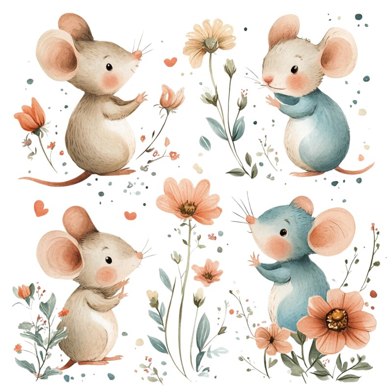Mouse and Flower Clipart Set for Digital Download 4 High-quality JPG ...