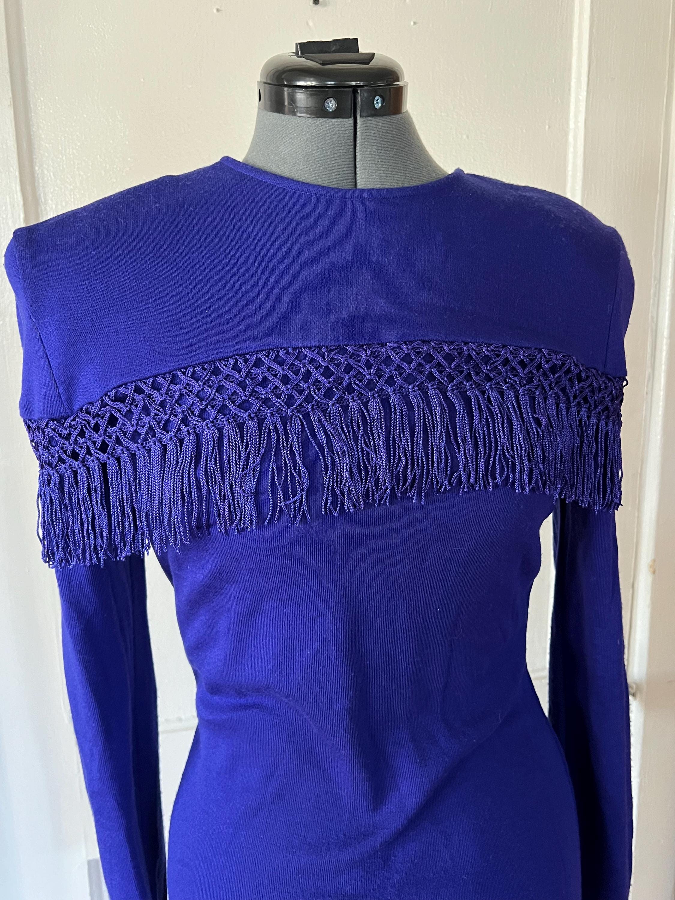 Vintage 80s Western Style Fringe Purple/blue Sweater Dress - Size Small ...