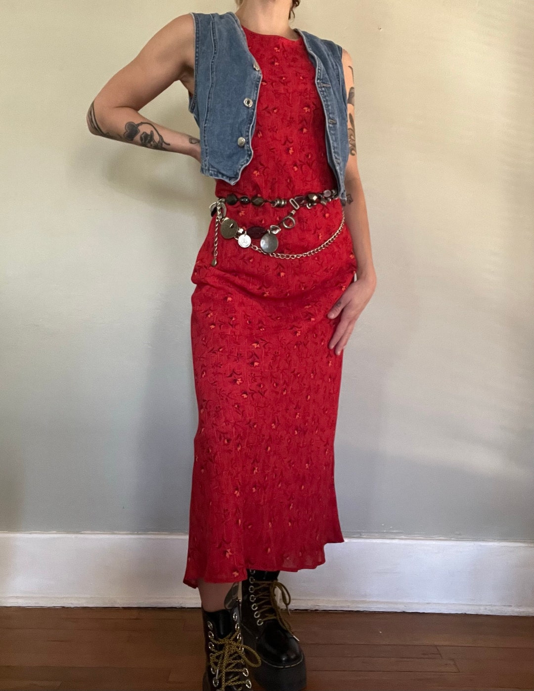 90s Vintage Whimsigoth Maxi Dress Red Floral Pattern / Cleo Petites ...
