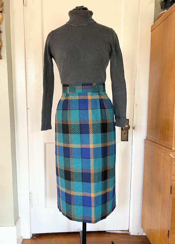 Vintage 60s Blue / Teal Wool Tartan Pencil Skirt | 25… - Gem