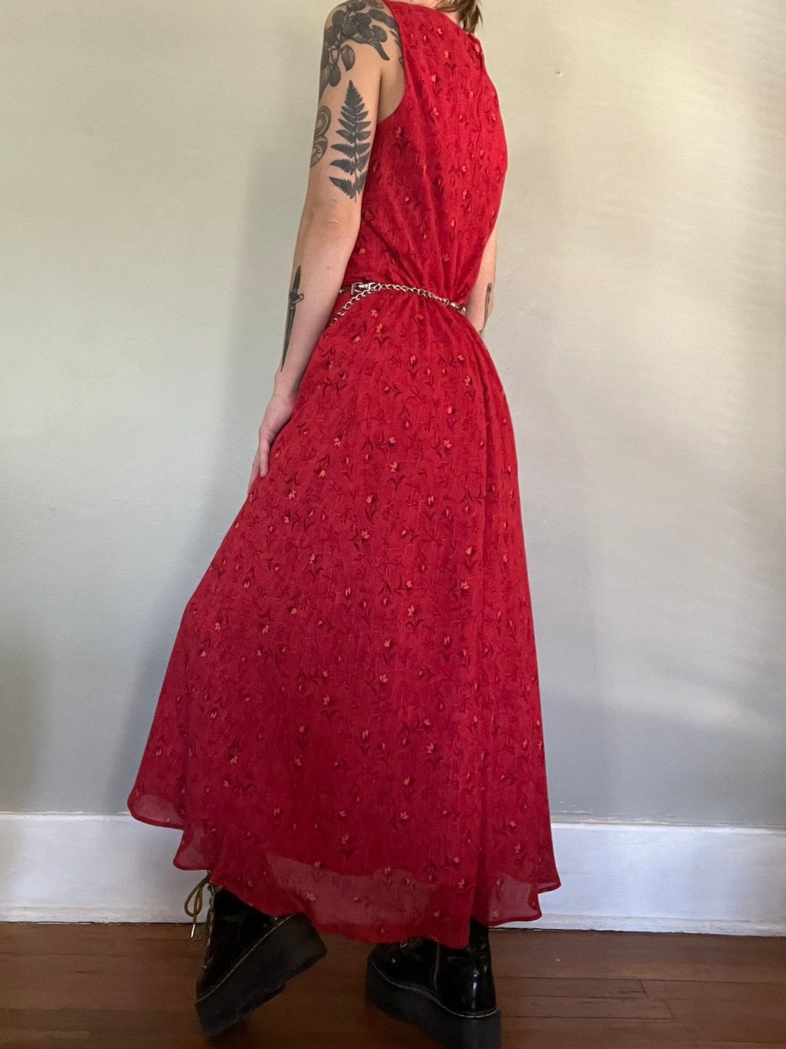 90s Vintage Whimsigoth Maxi Dress Red Floral Pattern / Cleo Petites ...