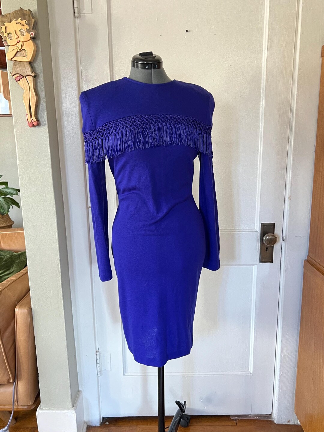 Vintage 80s Western Style Fringe Purple/blue Sweater Dress - Size Small ...