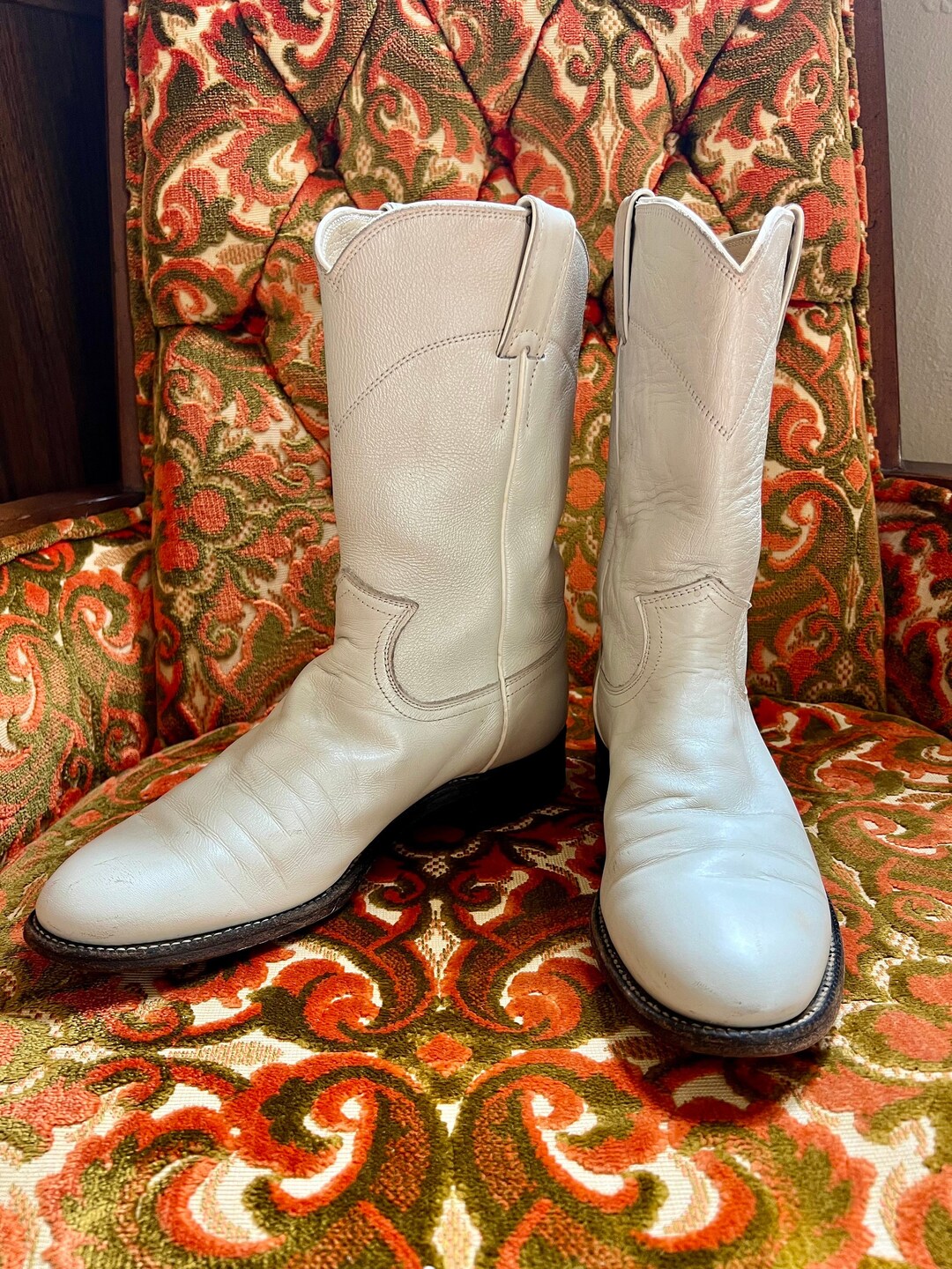 Vintage Pearl White Leather Justin Western Roper Boots Size 7 Cowgirl ...
